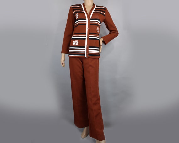 Rust Brown Vintage 70s Cardigan & Pants Knit Pantsuit - Gem