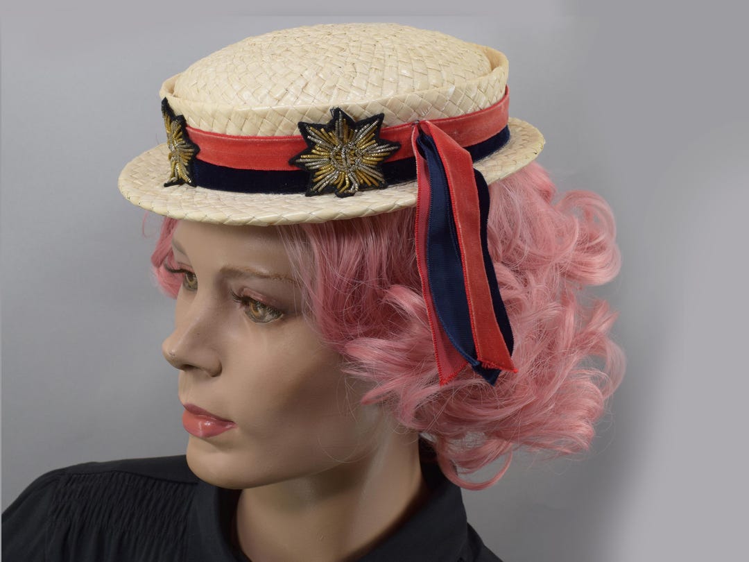Cream Straw Boater Style Vintage 50s Hat With Black & Red Ribbons and ...