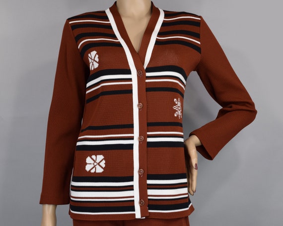Rust Brown Vintage 70s Cardigan & Pants Knit Pantsuit - Gem