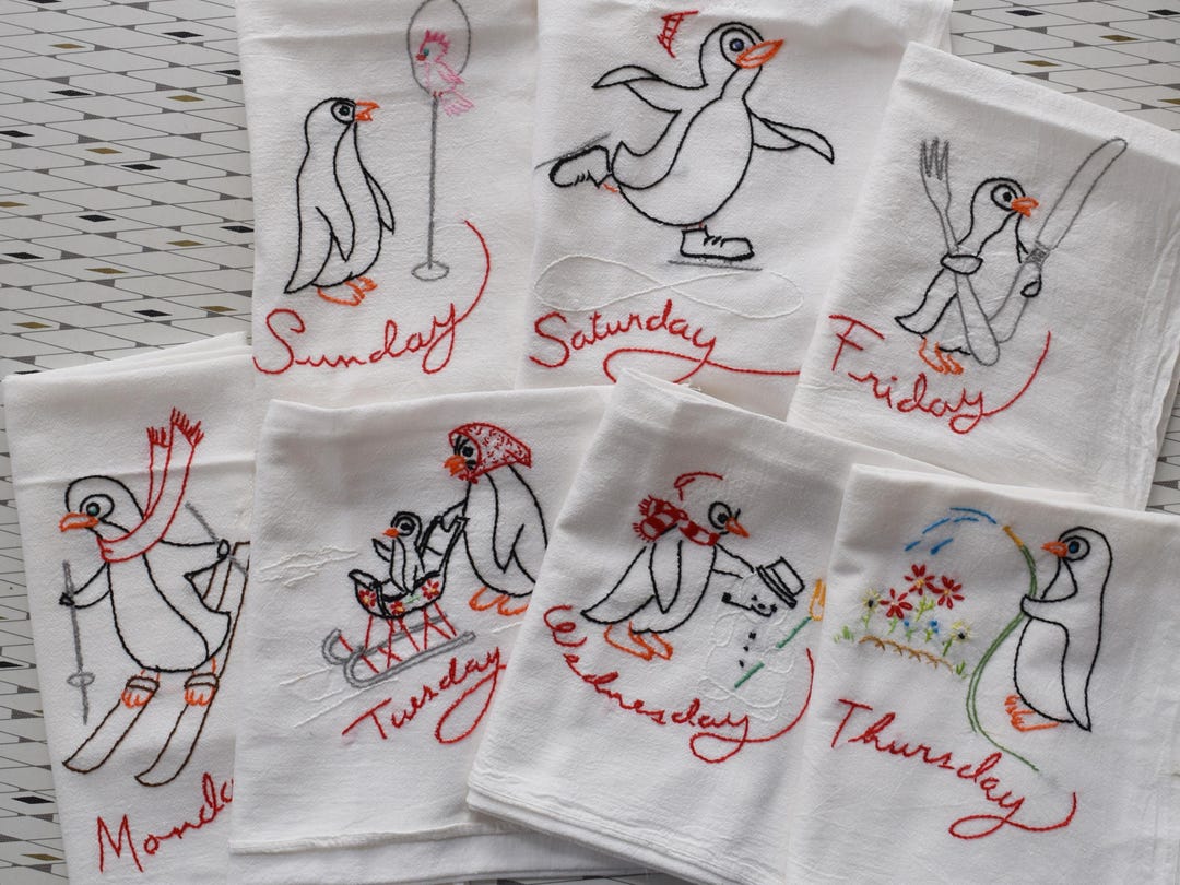 Day of the Week Penguin Theme Vintage Dish Towels Set Mid Century Style ...