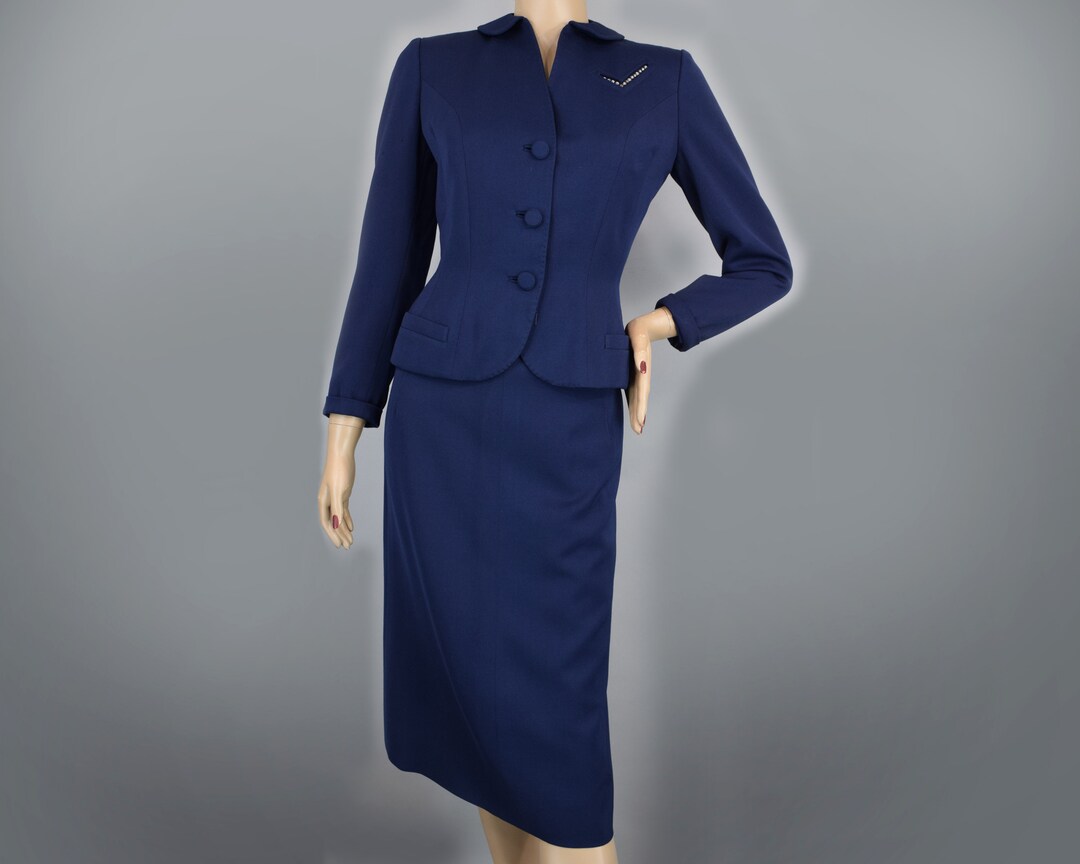 Navy Blue Vintage 50s Skirt Suit With Nipped Waist Jacket and ...