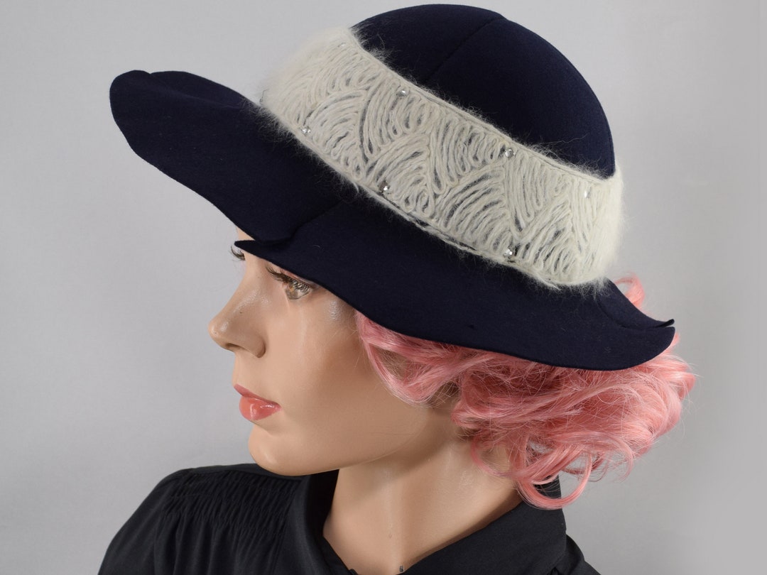 Navy Blue Wide Brim Vintage 40s Fedora Hat With Fuzzy Embroidery - Etsy