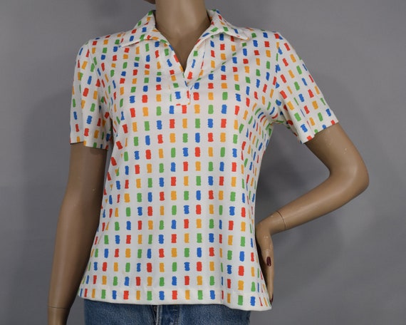 Rainbow Squiggle Dot Vintage 70s Blouse Knit Top S M - Gem