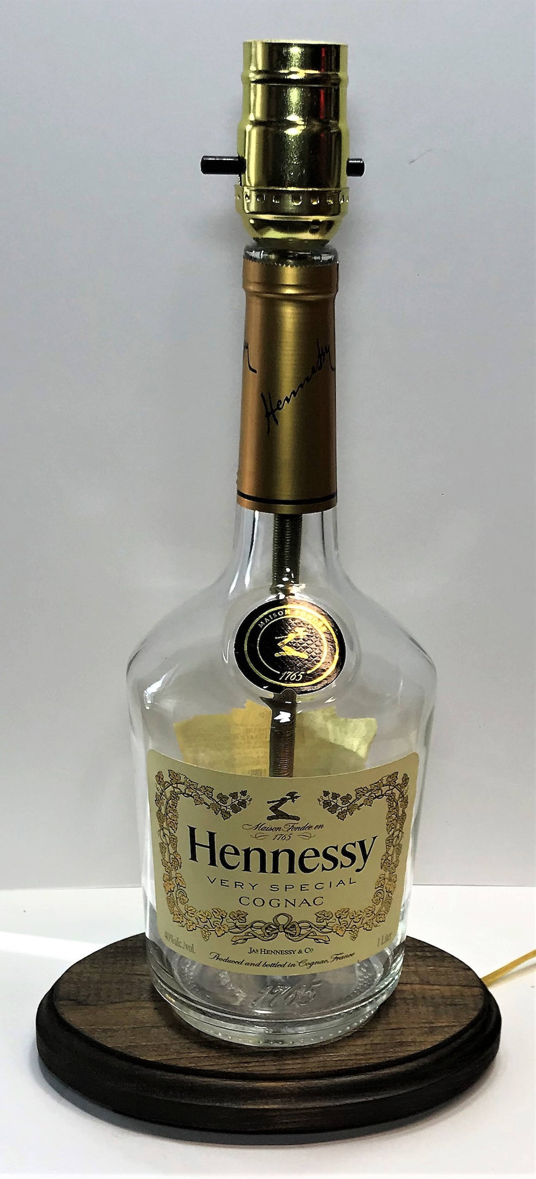 Cognac Liquor Bottle TABLE LAMP With Wood Base, Desk Accent Light, Home ...