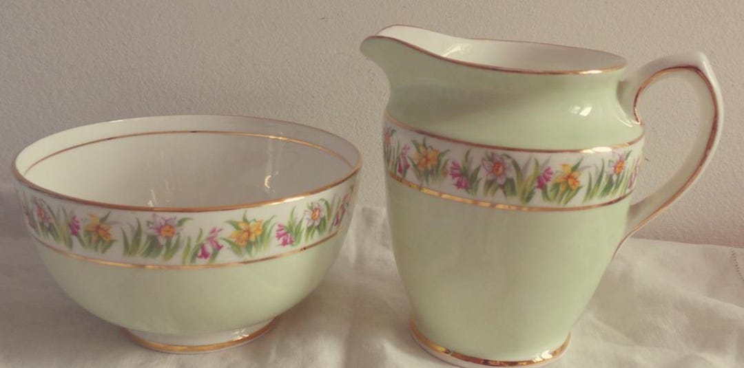 Very Pretty Clare Green and Gold Floral Bone China Creamer and Sugar ...