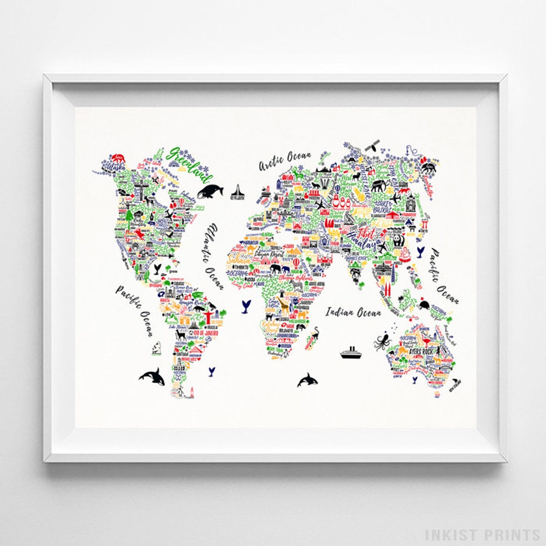 Typography World Map Art Print World Map Poster Typography - Etsy
