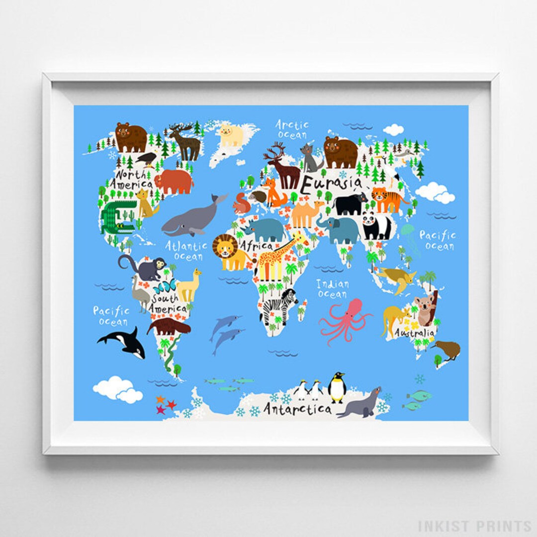 Animal Map Poster World Map Art Animal World Print Animal - Etsy