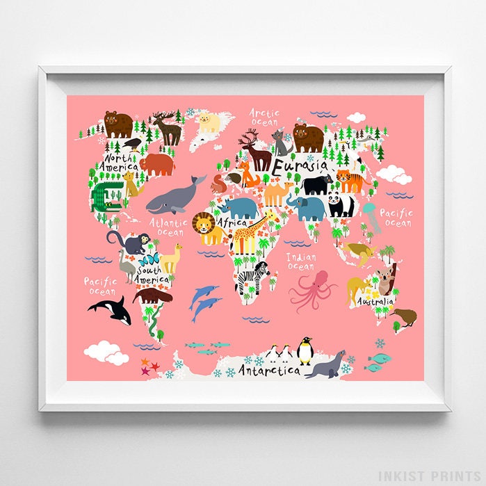 World Map Poster Unique Gift Large Wall Art Animal Art - Etsy
