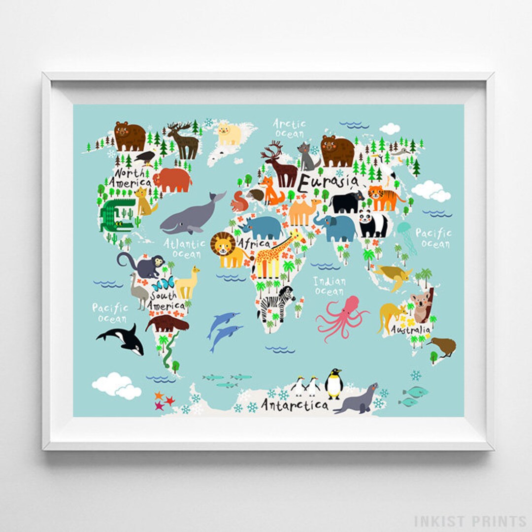 Animal World Map Poster, World Map Art, Animal Print, Animal Nursery ...
