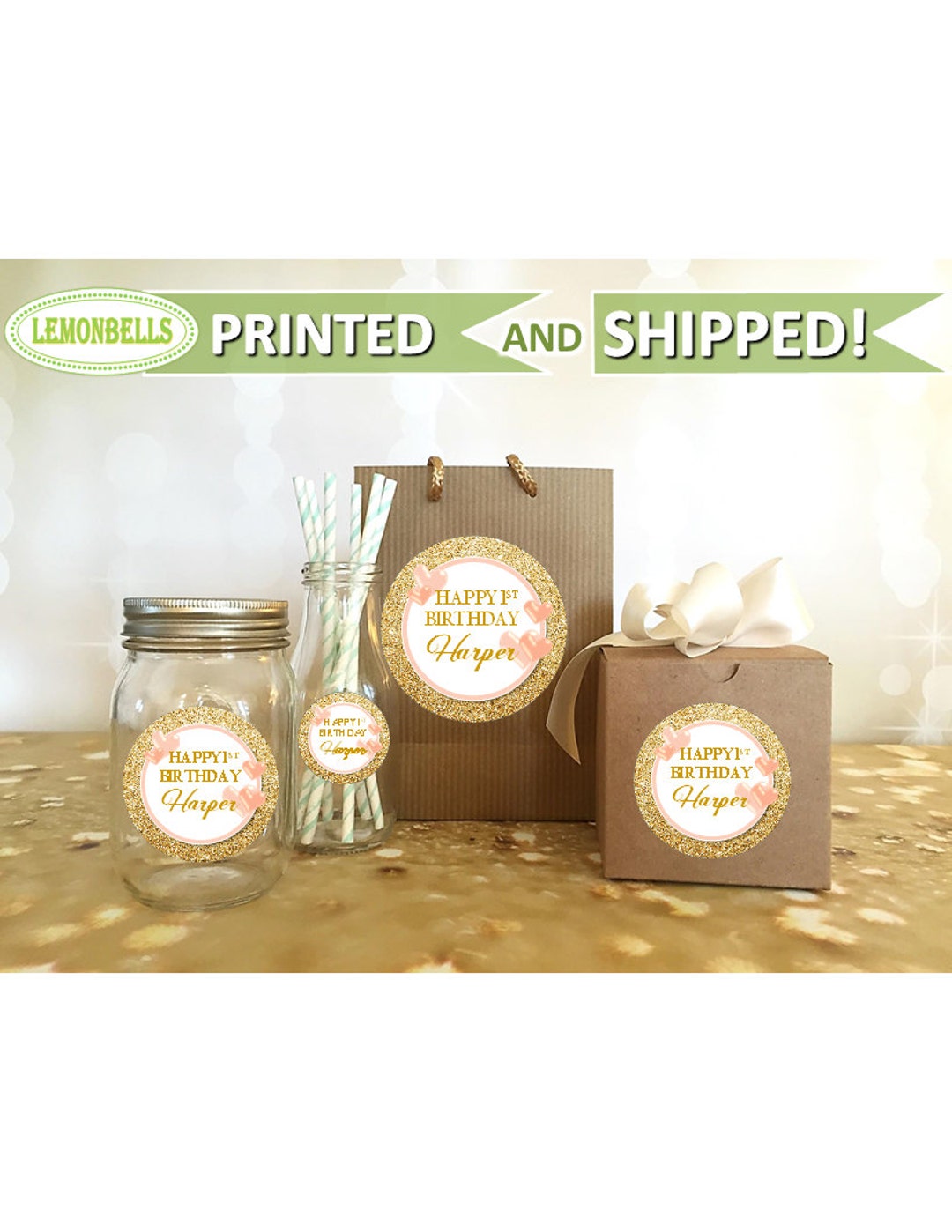 Pink and Gold Party Favor Stickers - Pink and Gold Goody Bag Stickers ...