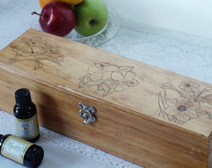 Large Woodburned Box, Essential Oil Organizer, Flower EO Storage Box ...