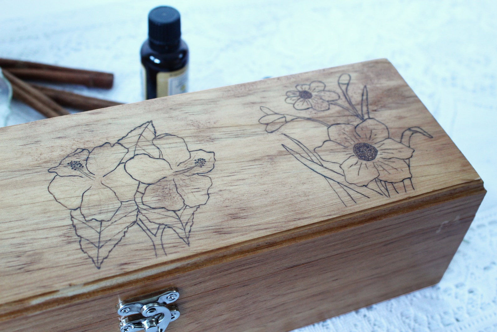 Large Woodburned Box Essential Oil Organizer Flower EO - Etsy