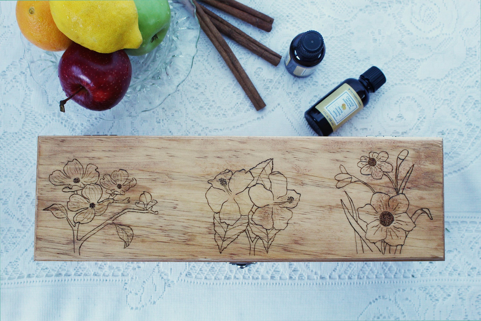 Large Woodburned Box Essential Oil Organizer Flower EO - Etsy