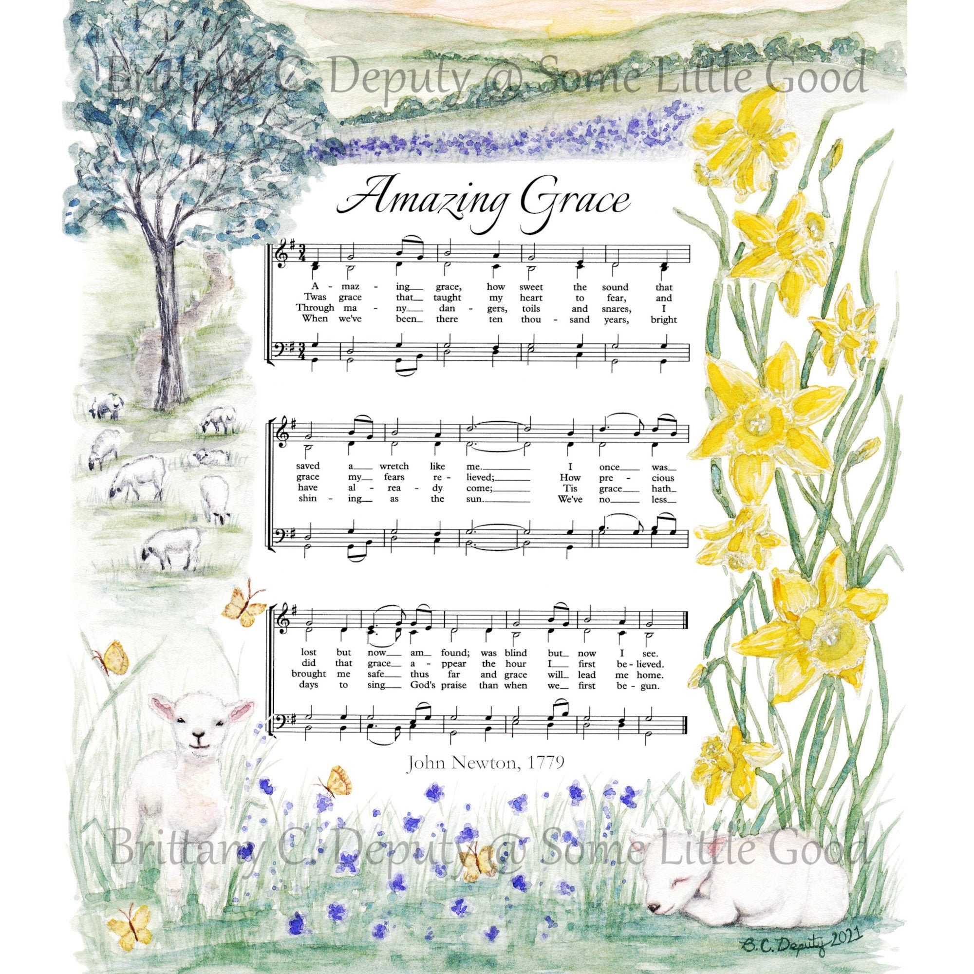Amazing Grace Hymn, Lambs and Daffodils Watercolor Art Print - Etsy