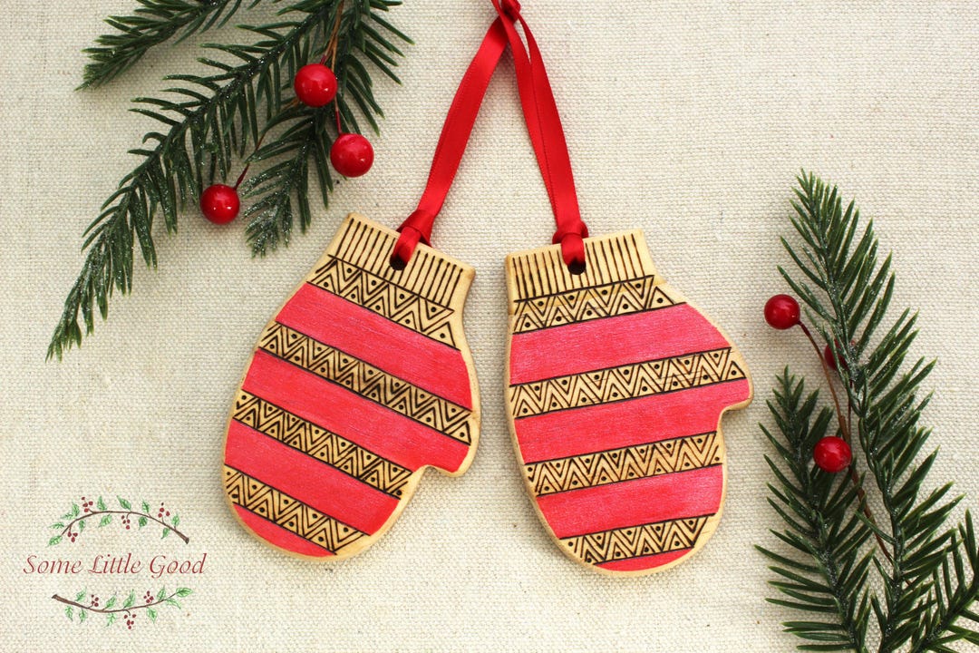 Wood Mitten Ornament, Wood Burned Christmas Mittens, Scandinavian ...