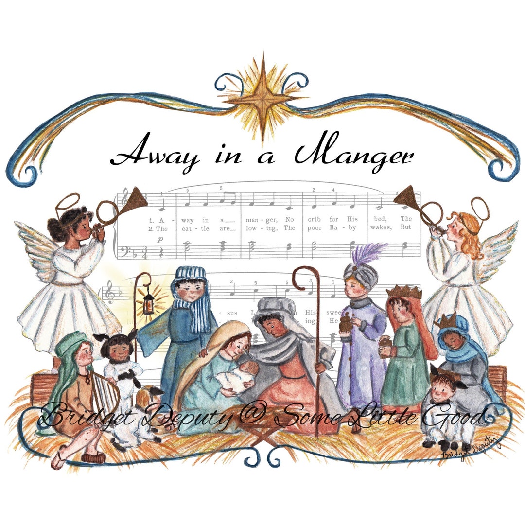 Away in a Manger Hymn Art, Children's Nativity Watercolor Art Print ...