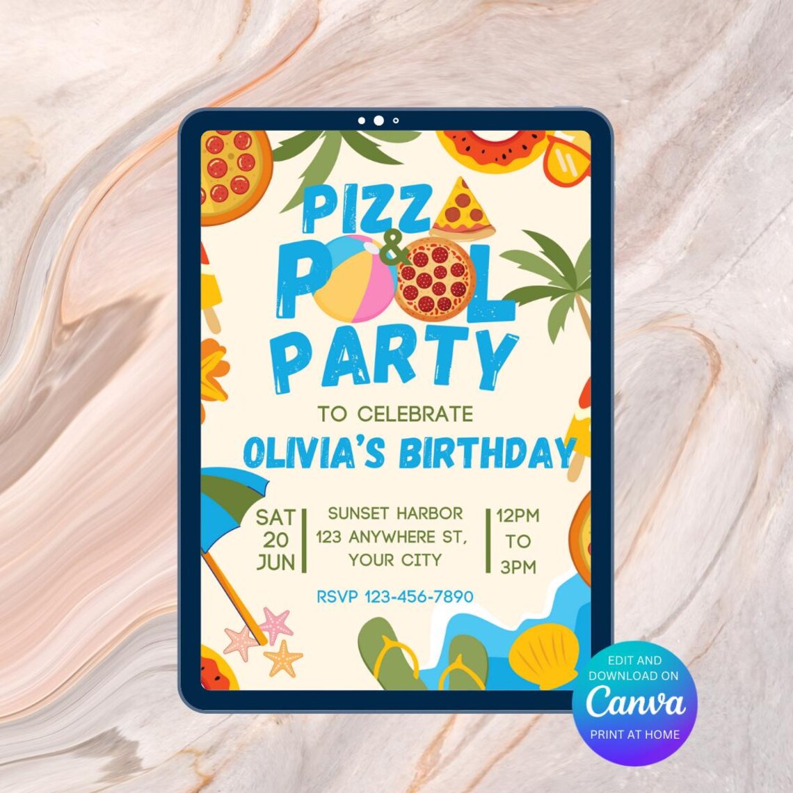 Pizza Pool Party Invite Template | Editable Canva Invitation | Summer ...