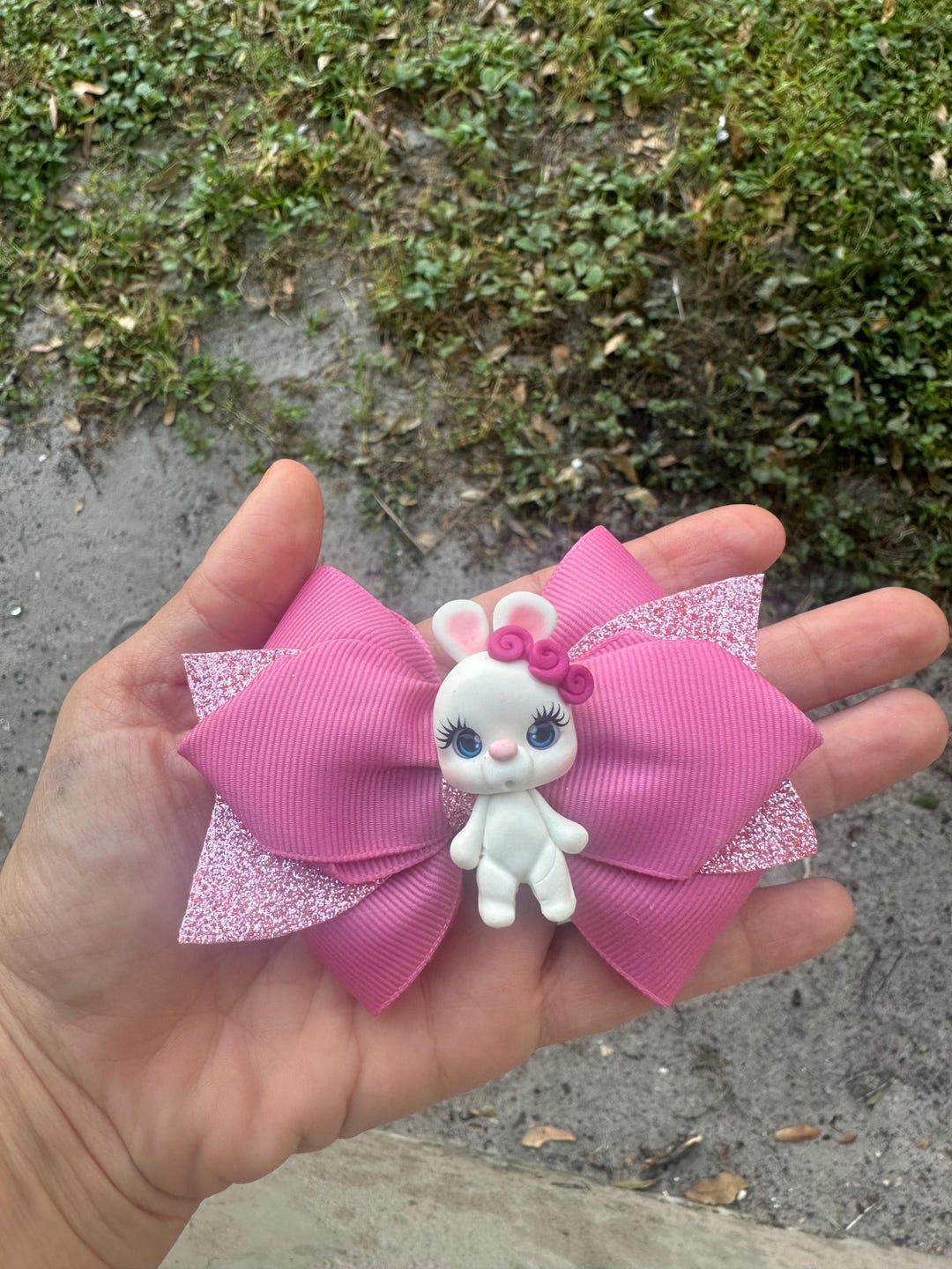 Pink Easter Hair Bow, Bunny Ear Bow, Clay Bow Center, Baby Bow, Girls ...