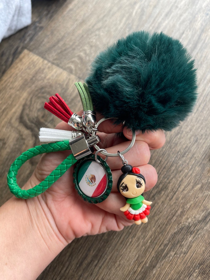 Handmade Mexican Doll Keychain – Tricolor Dress, Green Pom-pom - Etsy