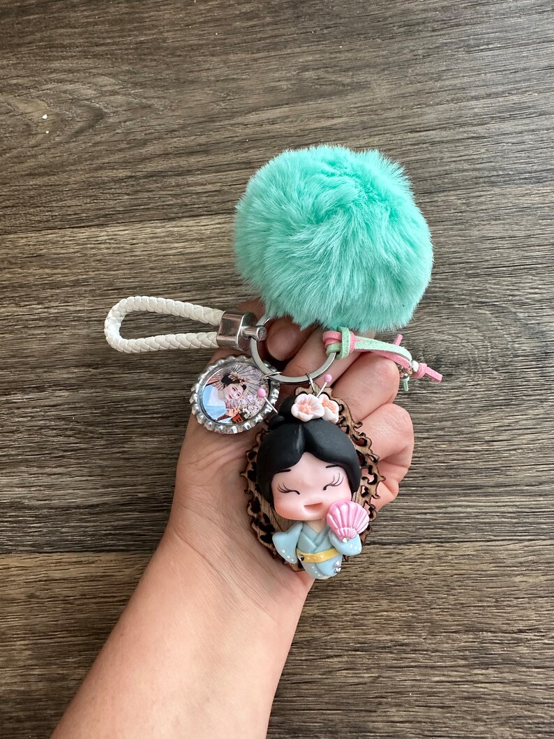 Handmade Kokeshi Doll Keychain – Geisha Charm With Mint Pom-pom - Etsy