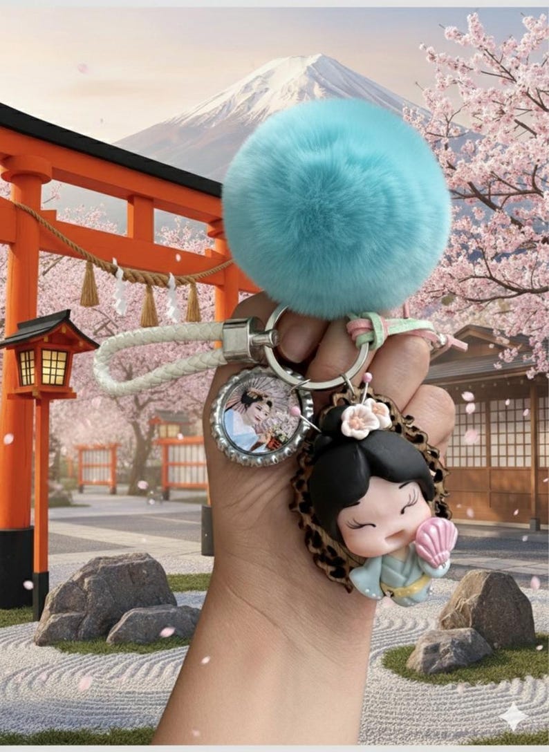 Handmade Kokeshi Doll Keychain – Geisha Charm With Mint Pom-pom - Etsy