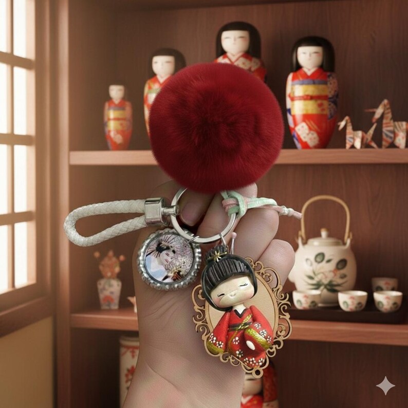 Handmade Kokeshi Doll Keychain – Geisha Charm With Mint Pom-pom - Etsy