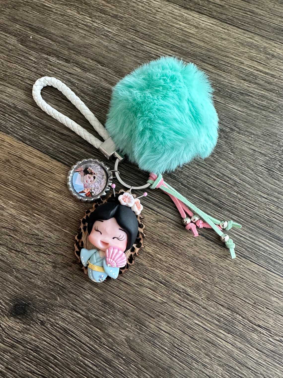 Handmade Kokeshi Doll Keychain – Geisha Charm With Mint Pom-pom - Etsy