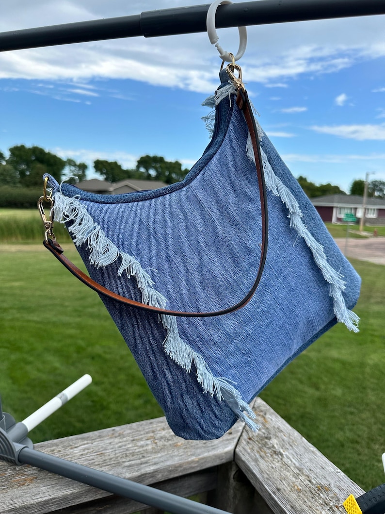 Upcycled Denim Shoulder Bag With Frayed Trim - Etsy