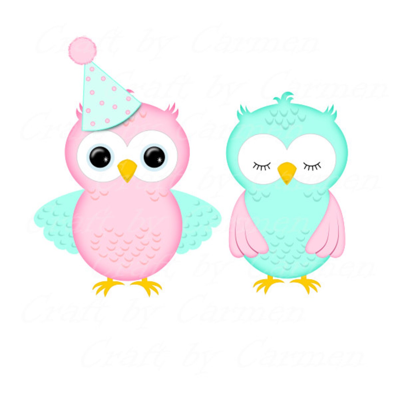 Cute Pink and Aqua Owls Clip Artowlsscrapbookgraphic - Etsy