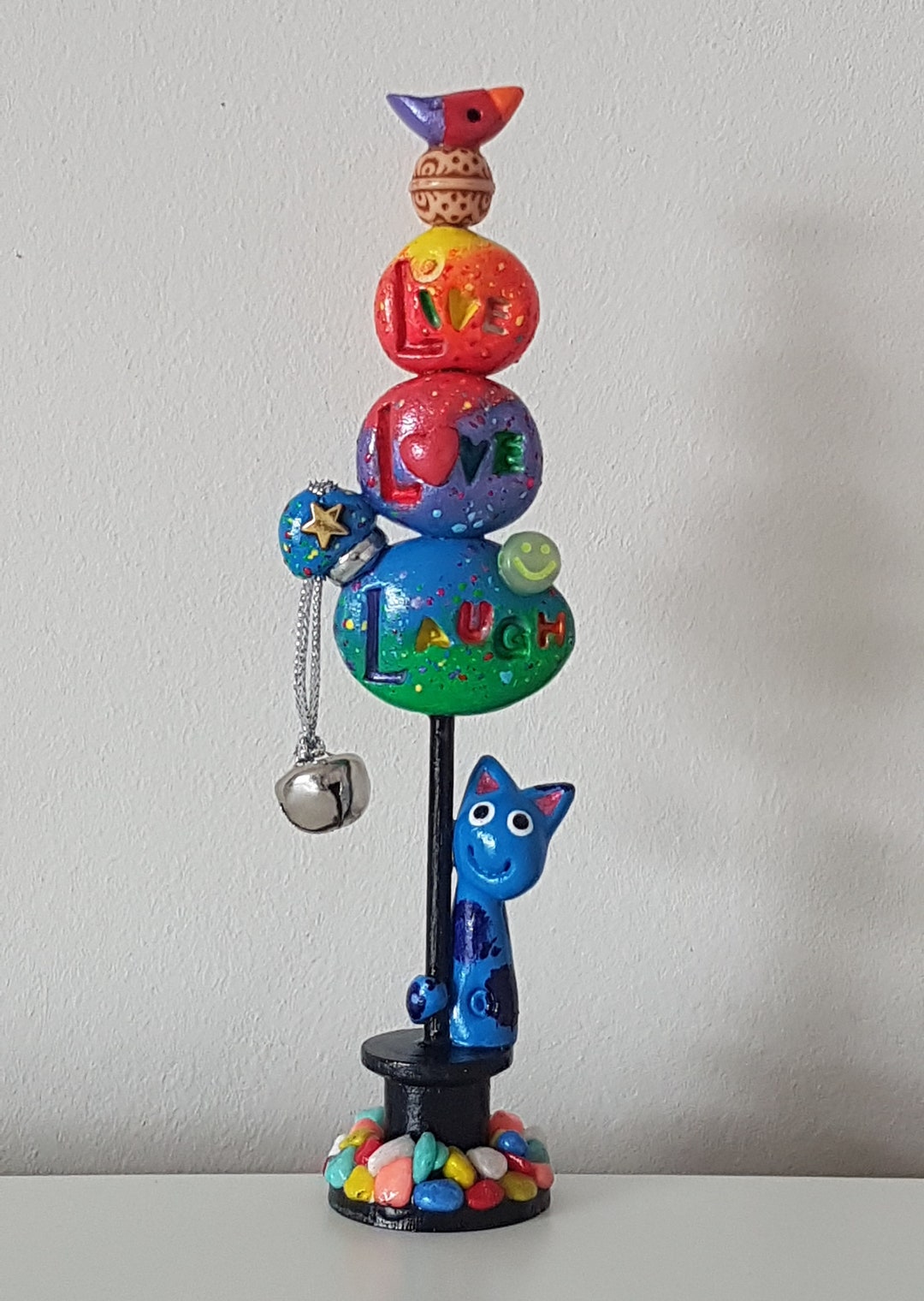 Live Love Laugh Clay Pebble Tower: Whimsical Blue Cat & Silver Bell - Etsy