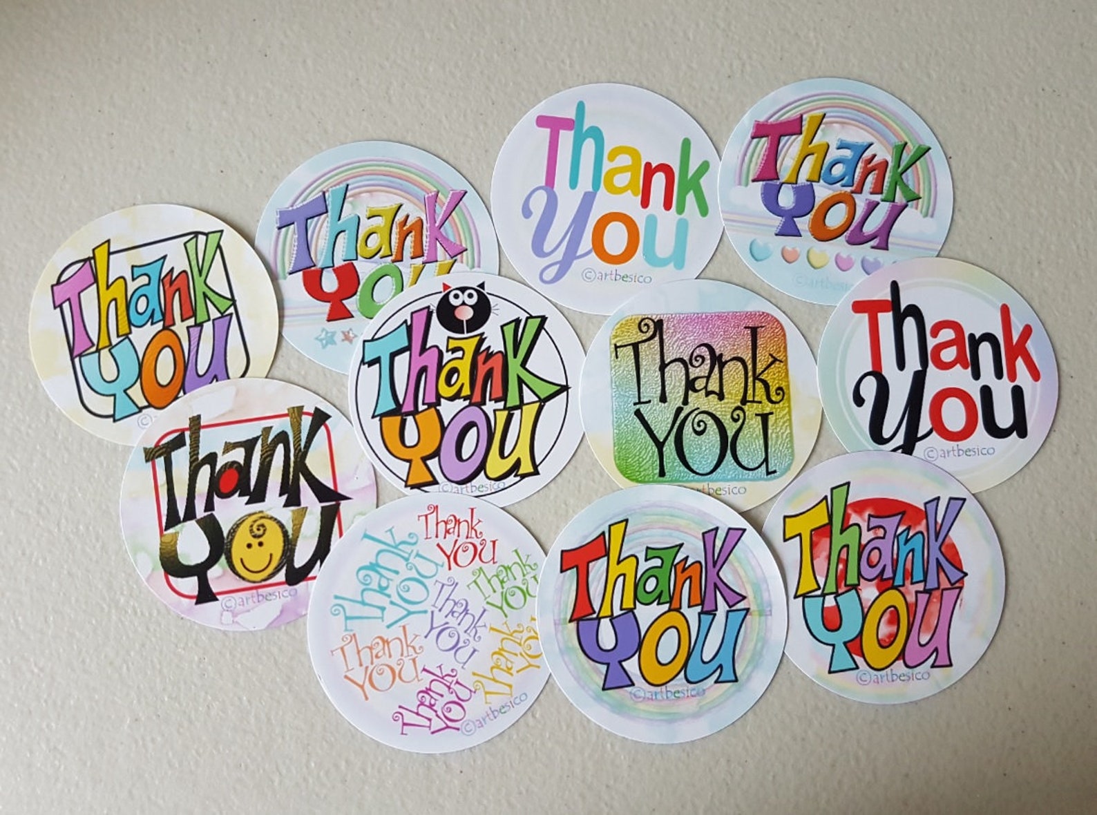 Thank you round flat note card or sticker set of 11 high | Etsy