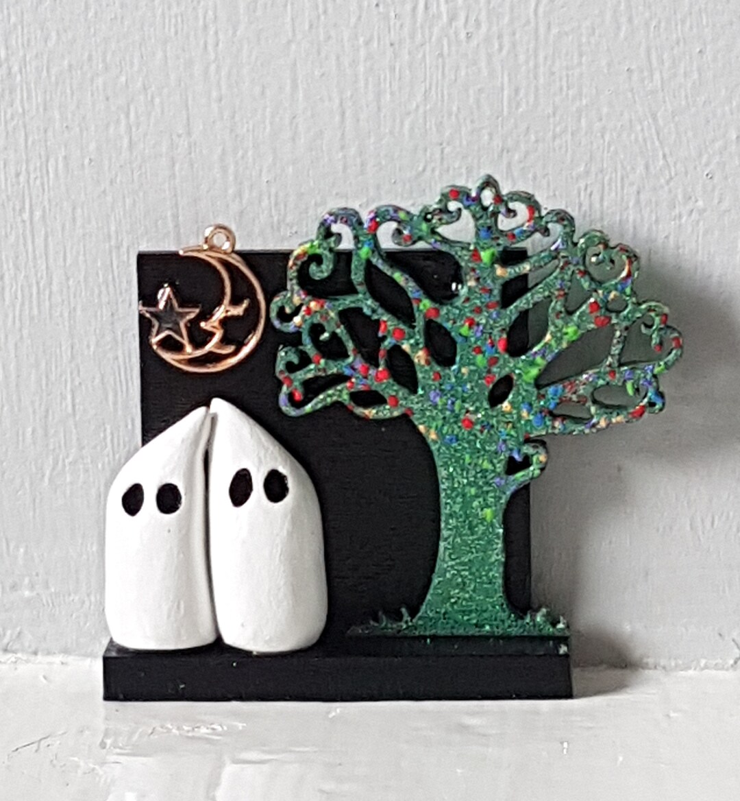 Art-boo-boo Duo Under the Moon and Star Standing by a Tree Pet Ghost ...