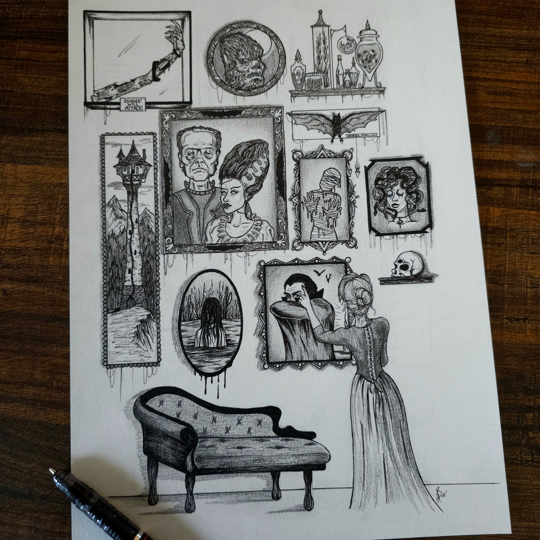 ORIGINAL Classic Horror Monsters Drawing Pen and Ink Art, Fiction ...