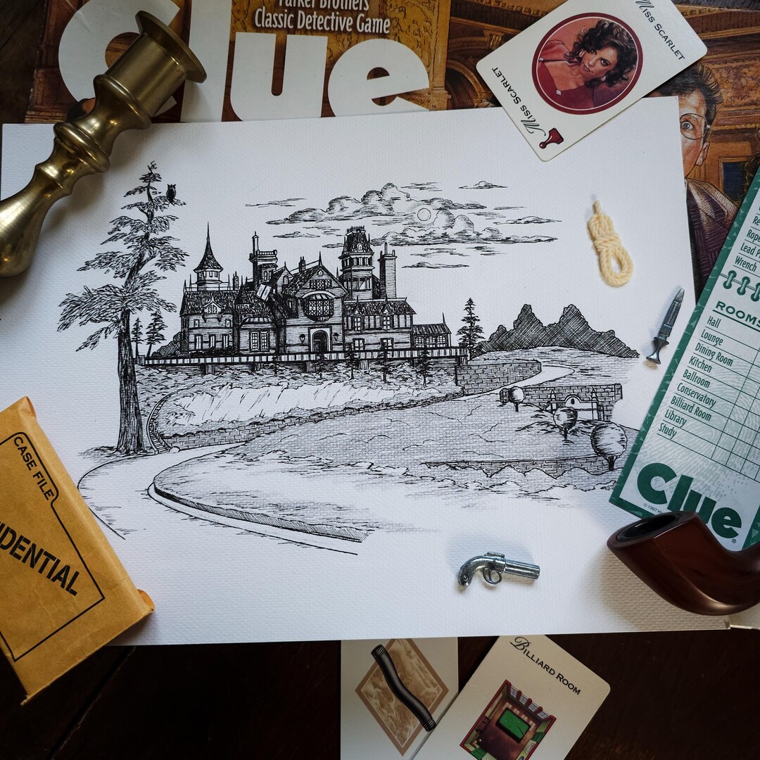 ORIGINAL Clue Mansion Drawing Pen and Ink Fiction Inspired Murder ...