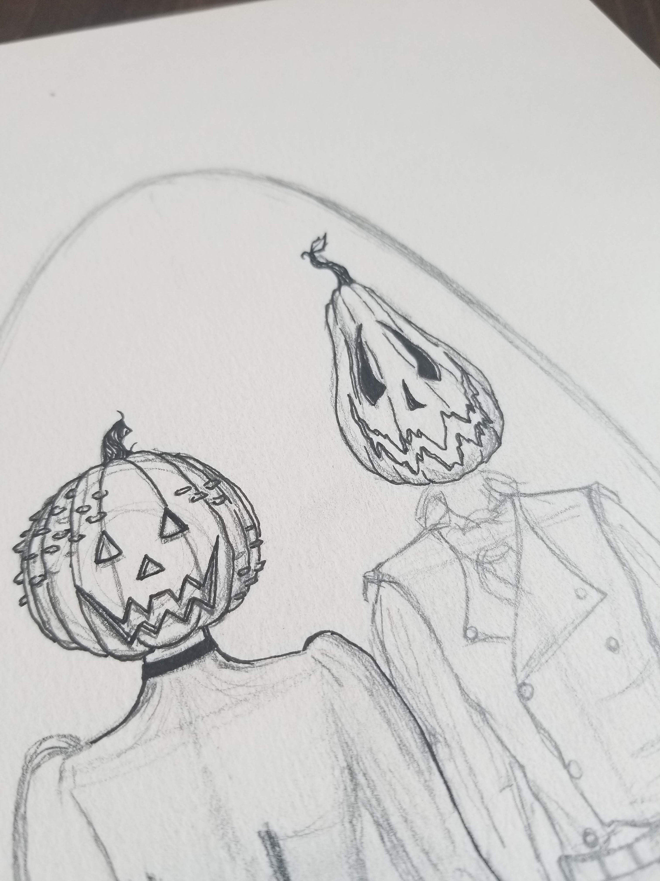 ORIGINAL Pumpkin Couple Drawing Pen and Ink Halloween Horror Art Wall ...