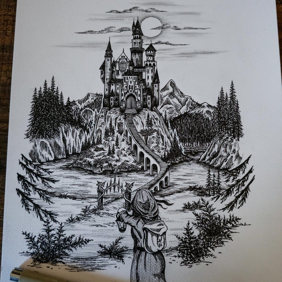 ORIGINAL Dracula's Castle Drawing- Pen and Ink Fiction Inspired Horror ...