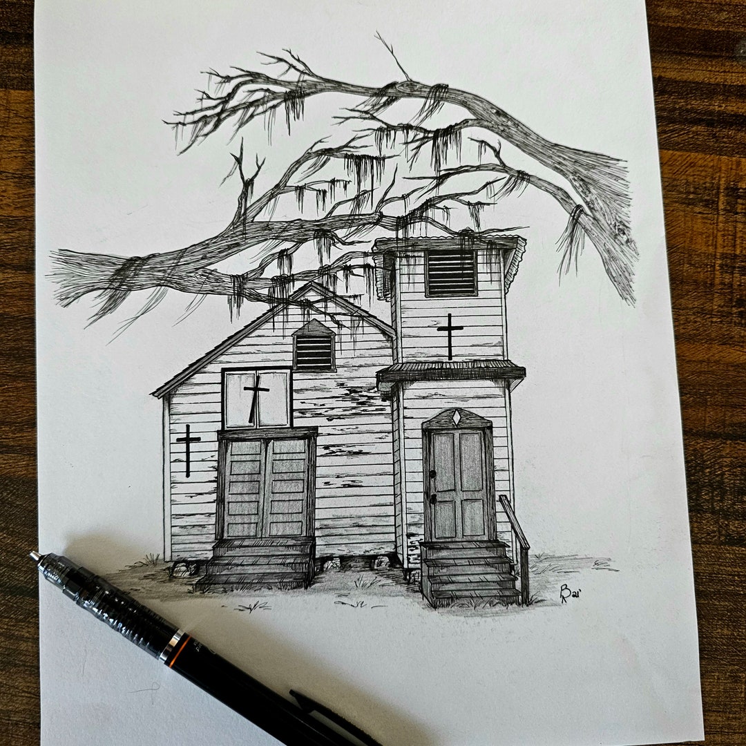 ORIGINAL Southern Gothic Church Drawing Pen and Ink Art, Fiction ...