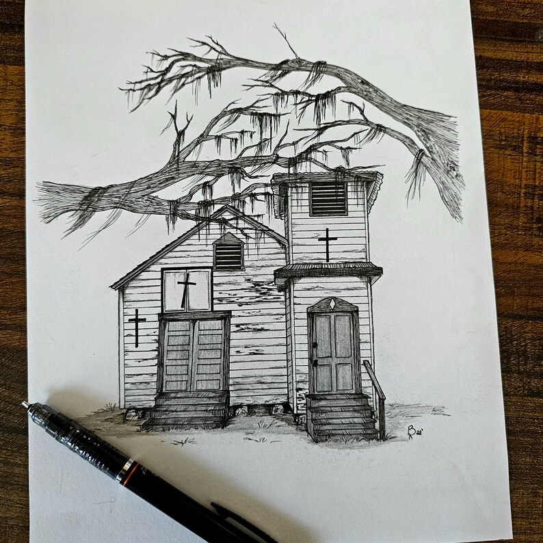 ORIGINAL Southern Gothic Church Drawing Pen and Ink Art, Fiction ...
