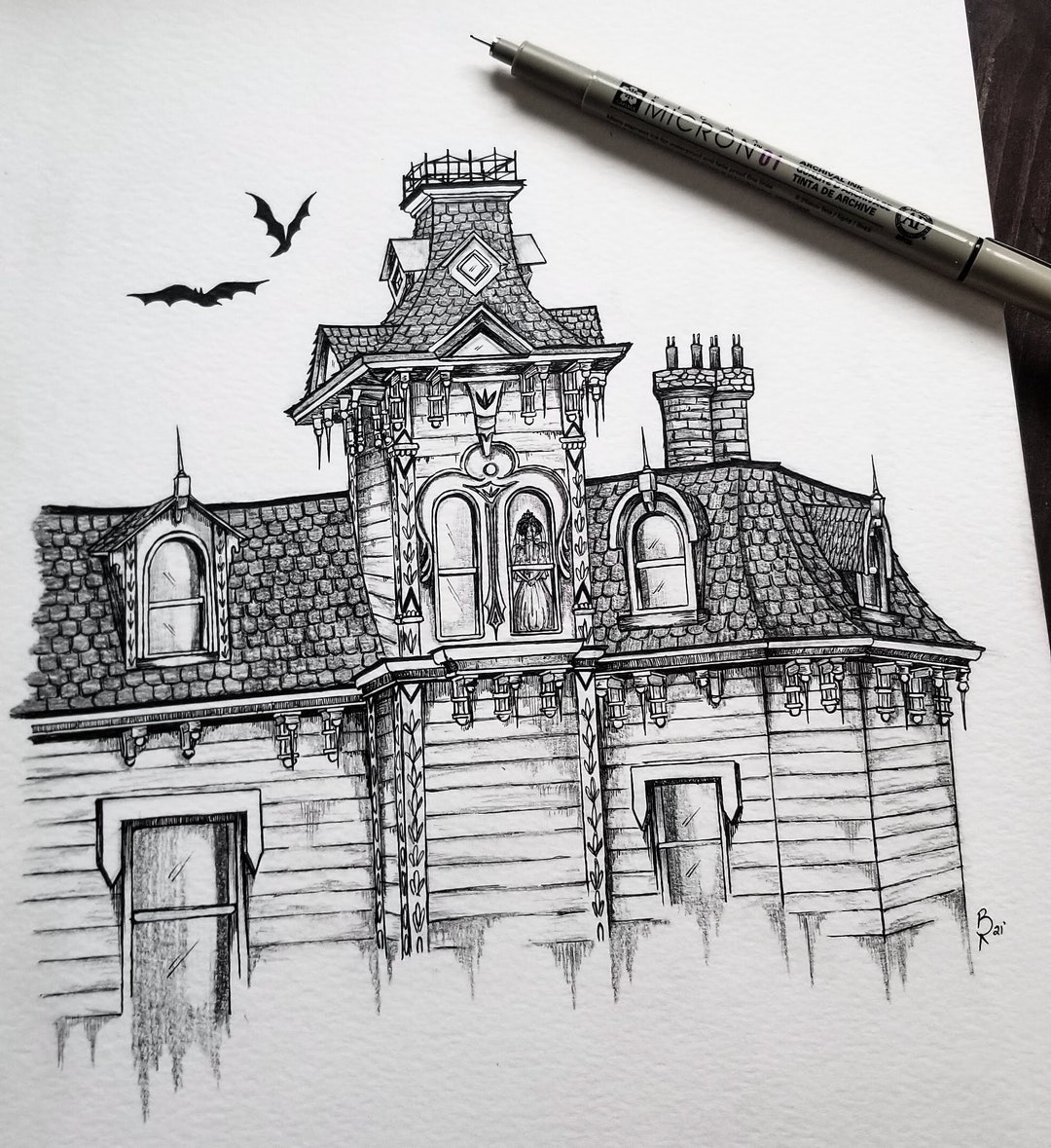 ORIGINAL Haunted Bride in Abandoned Manor Drawing Pen and Ink Art ...