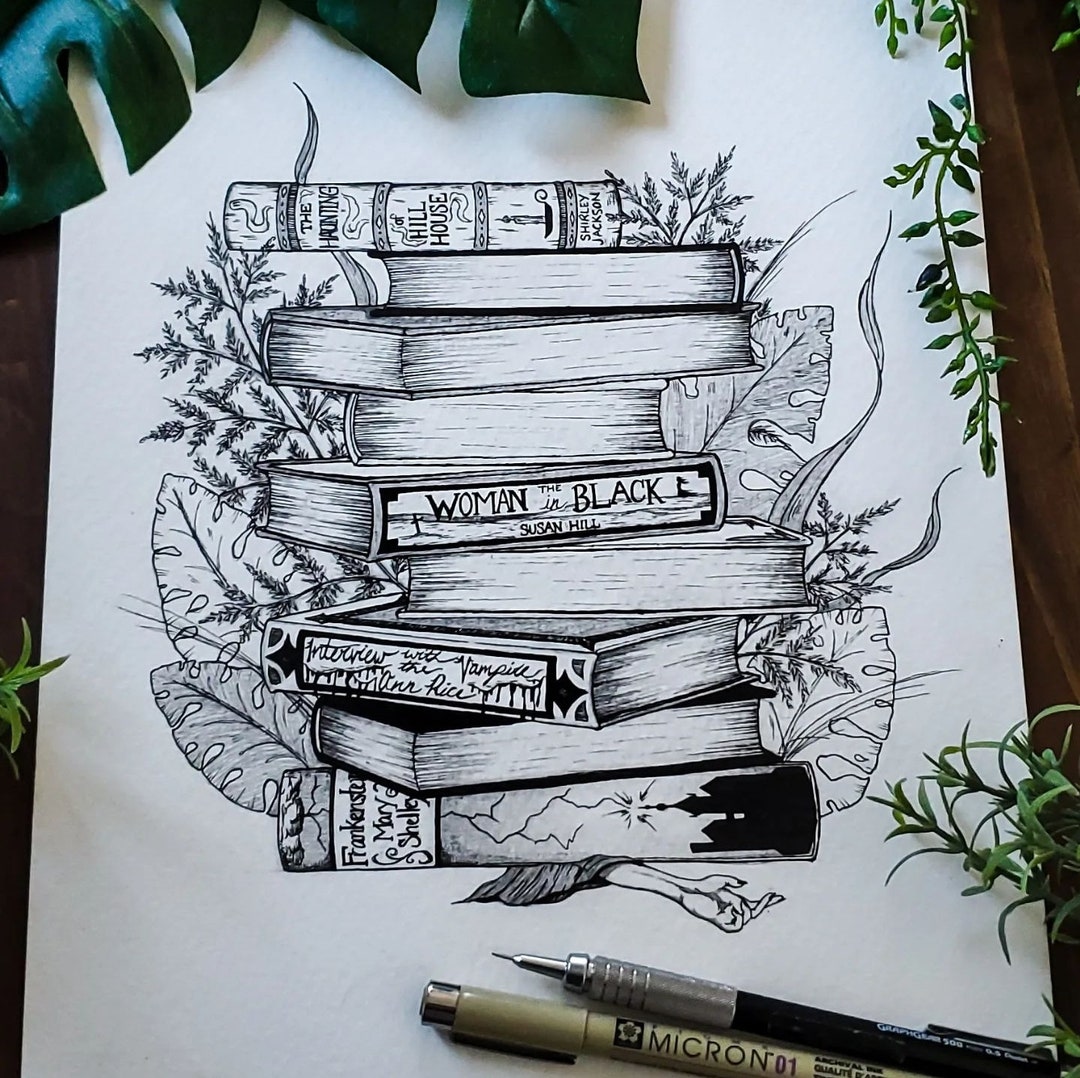 ORIGINAL Women of Horror Bookstack Drawing Pen and Ink Art, Fiction ...