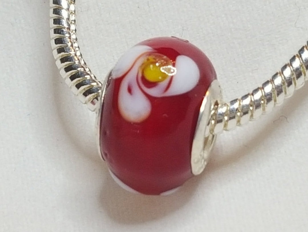 Red Glass Bead, European Bead, Red Murano Bead, White Swirls and Yellow ...