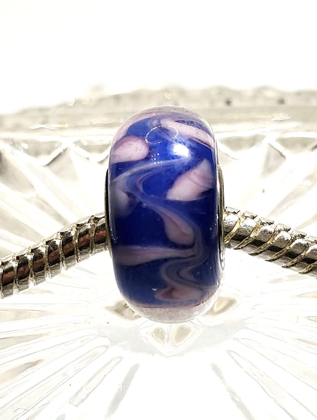 Blue Glass Bead, Pink Swirl Design, Blue European Glass Bead, Murano ...