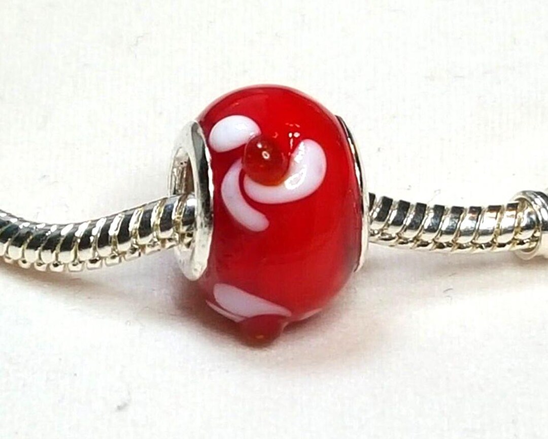 Red Glass Bead, White Swirls and Red Textured Dots, European Glass Bead ...
