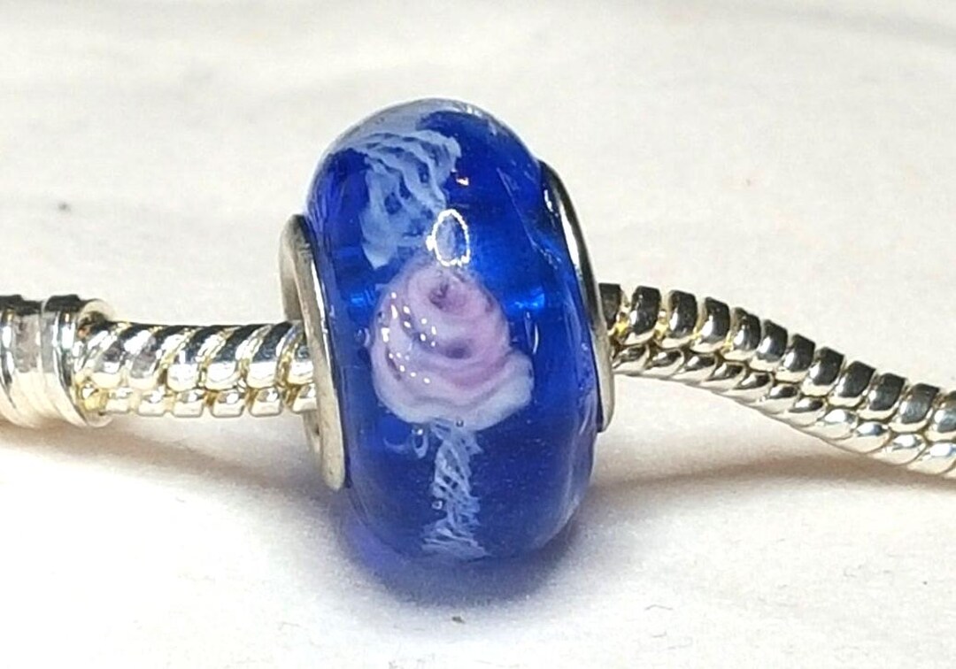 Blue Glass Bead, Design of White Swirls Pink Flowers,, European Glass ...