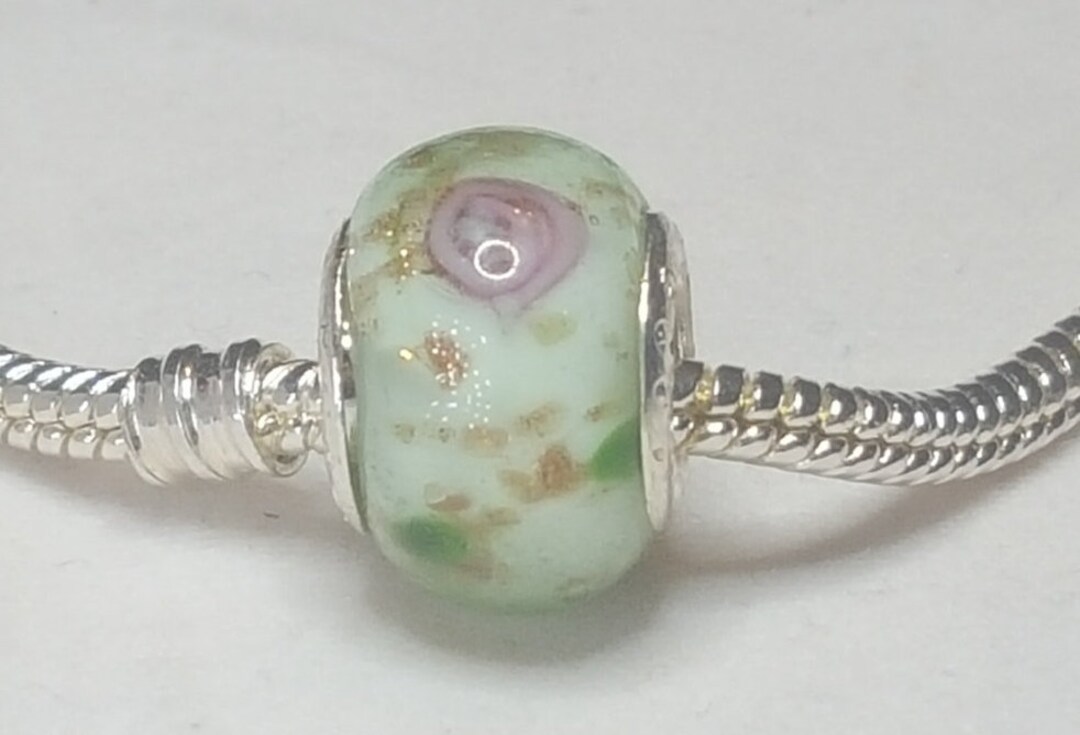 Light Green Glass Bead European Glass Bead Murano Glass Bead Pink Rose ...