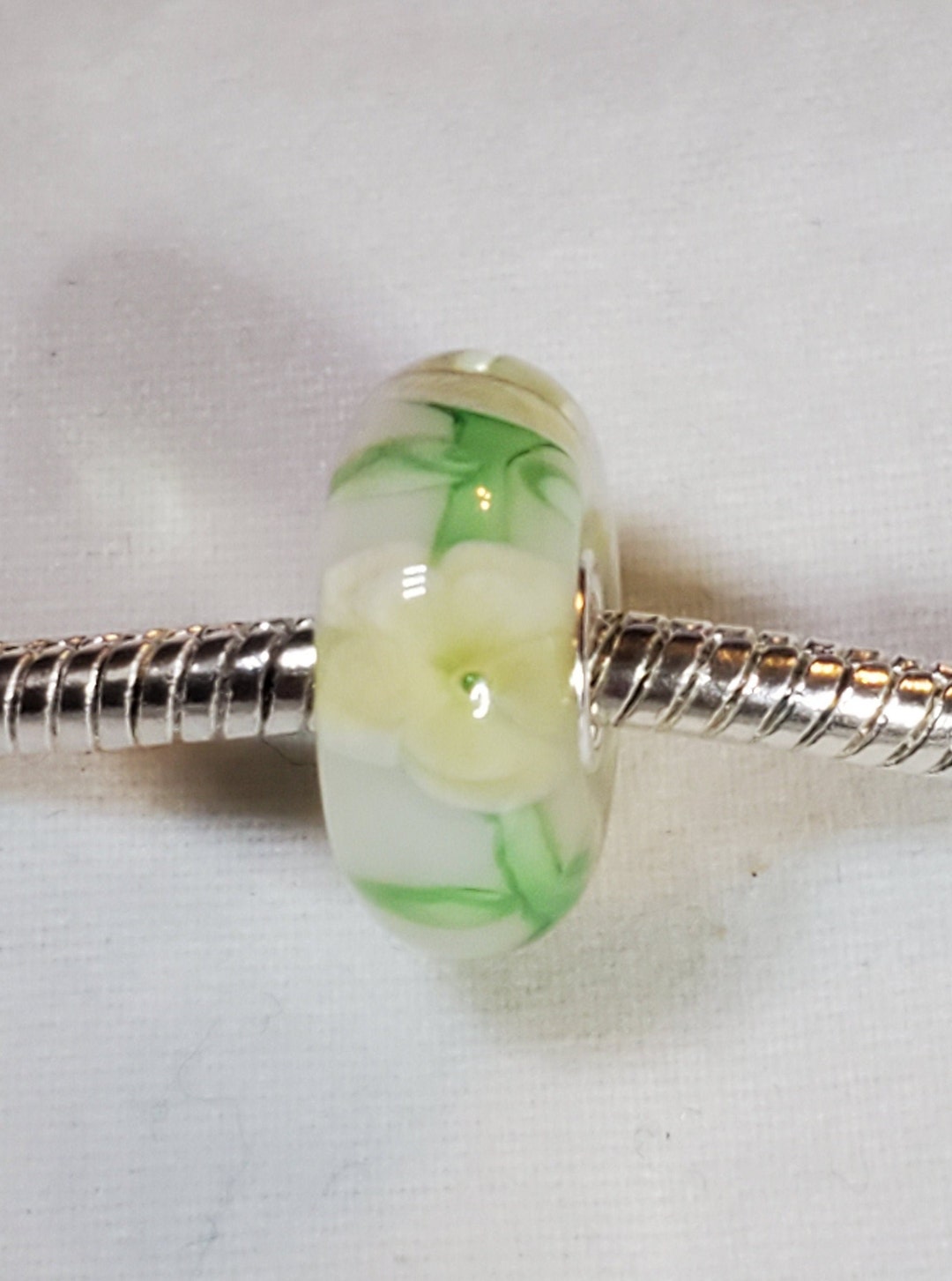 White Glass Bead, Yellow Flower Design, Glass Bead, European Glass Bead ...