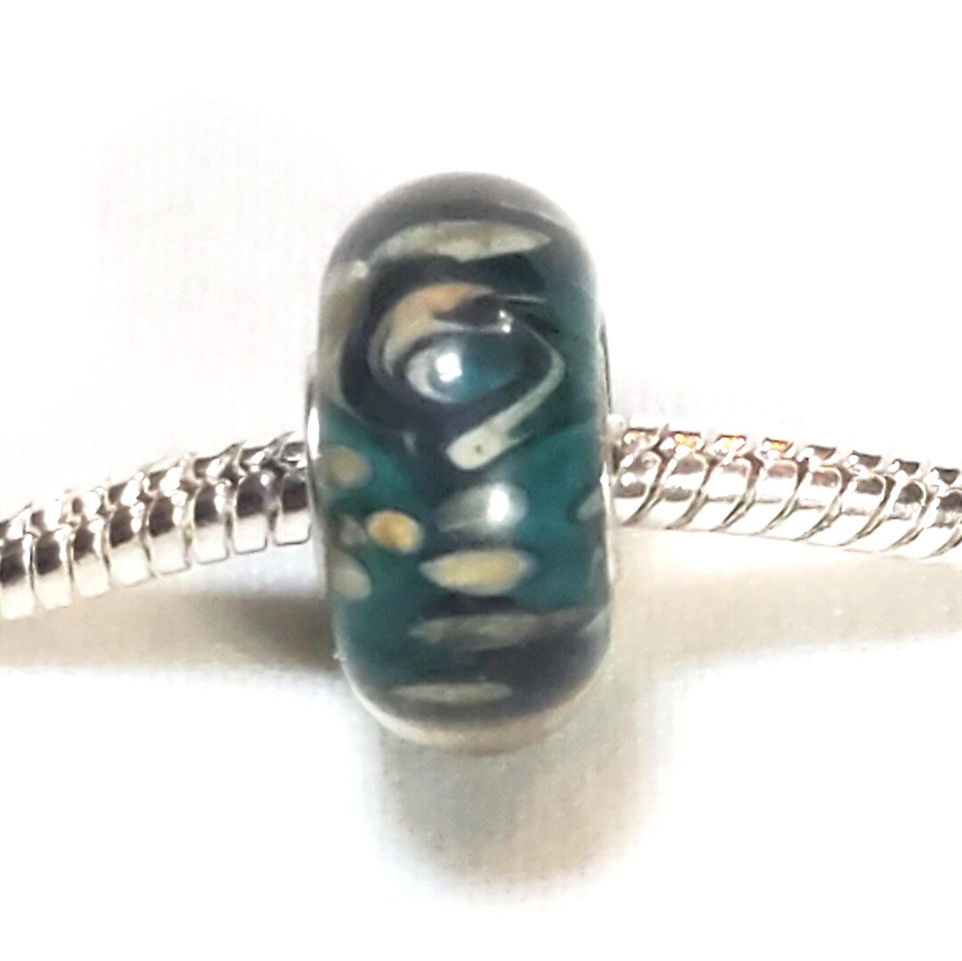 Dark Teal Glass Bead, Tan and Beige Design, Murano Glass Bead, European ...