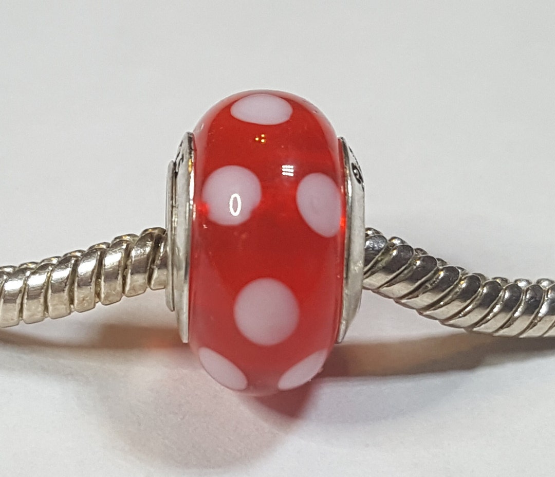 Bright Red Glass Bead, White Polka Dots, European Glass Bead, Red ...