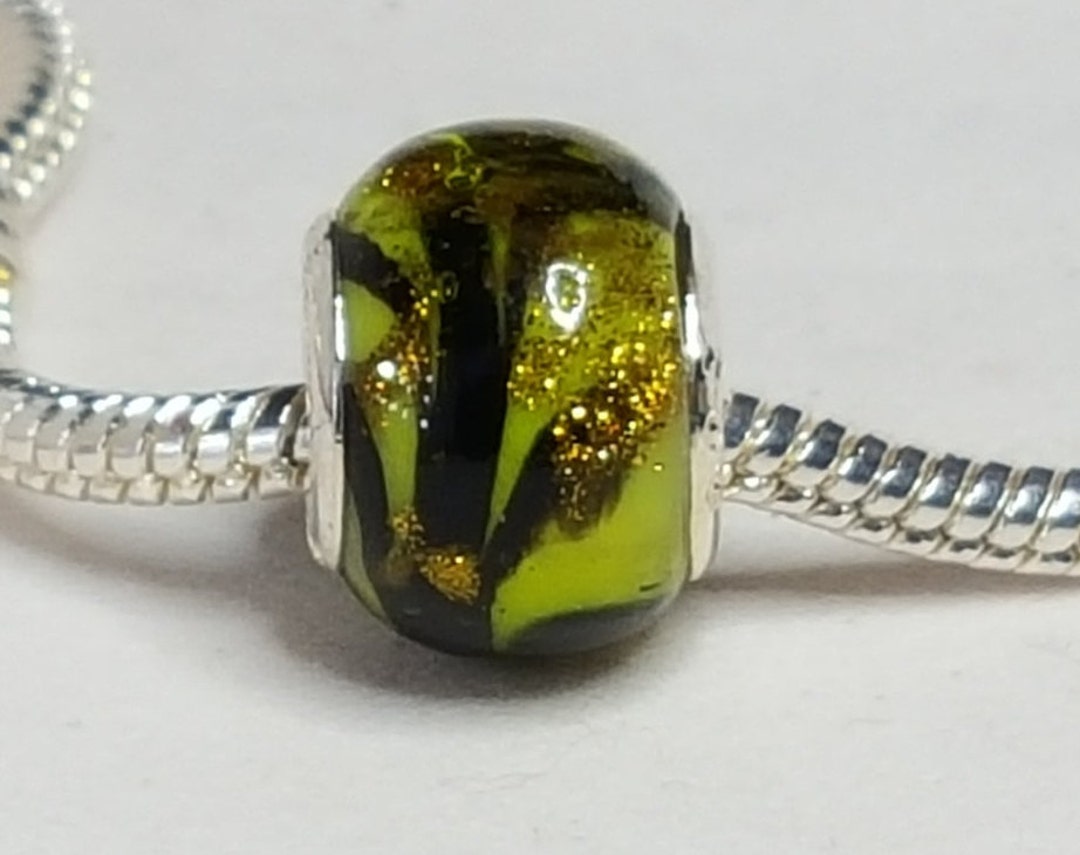 Green Glass Bead, Gold Glitter Black Line Design, Murano Glass Bead ...