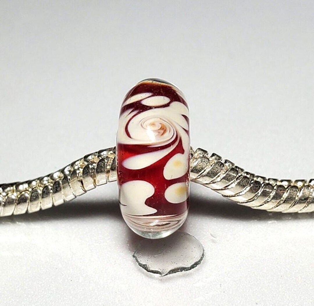 Red Glass Bead, White Cream Dots Swirls, European Glass Bead, Murano ...